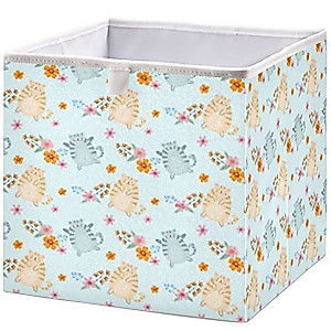 visesunny Closet Baskets Cute Cartoon Fat Cat and Flower Storage Bins Fabric Baskets for Organizing Shelves Foldable Storage Cube Bins for Clothes, Toys, Baby Toiletry, Office Supply