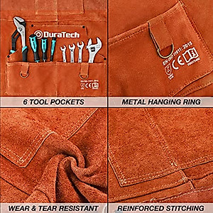 DURATECH Welding Apron, 36" Leather Welding Apron Heat Flame Resistant, Heavy Duty Welding Apron with 6 Tool Pockets, 100% Cowhide Leather Work Apron Big And Tall, Woodworking Apron