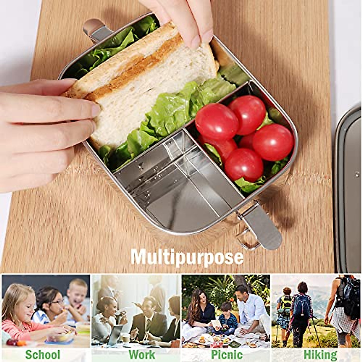 OXYEFEI Stainless Steel Bento Box, Personalized Lunch Container 3 Compartments can Hold All Kinds of Food Metal Lunch Box for Children or Adults (1800ml)