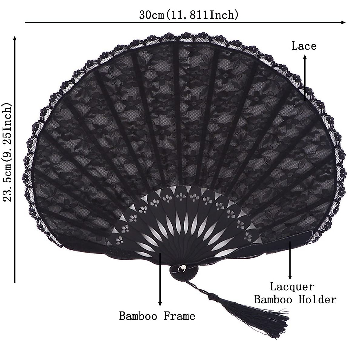 Womens Multi Color Handmade Cotton Lace Folding Hand Fan (Black-A) (Black-a)