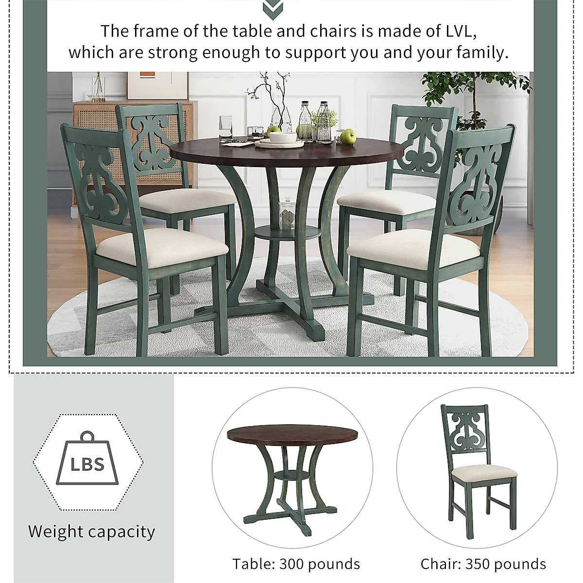 5 Piece Round Dining Table and Upholstered Chair Set with Special-Shaped Legs and Hollow Chair Back for Dining Room, Wood Kitchen Dining Set for 4 Persons (Antique Blue & Dark Brown)