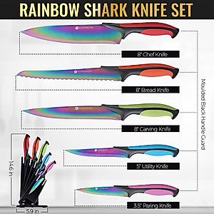 Napperband 6 Piece Color Coded Kitchen Knife Set Block with Clear Acrylic Stand - Titanium Coated Stainless Steel