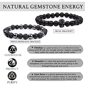 Black Obsidian Bracelet - Skull Bracelet - Tourmaline Beaded Bracelets - 8MM Black Onyx Hematite Lava Stone Beads Triple Protection Bracelet for Men Women Gifts