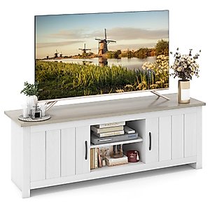 Tangkula 2 Doors TV Stand for TVs up to 65”, 57” TV Console Table w/ 2 Cabinets & Open Shelves, 2 Cable Management Holes. Wood Media Entertainment Center TV Cabinet for Living Room (White Oak)