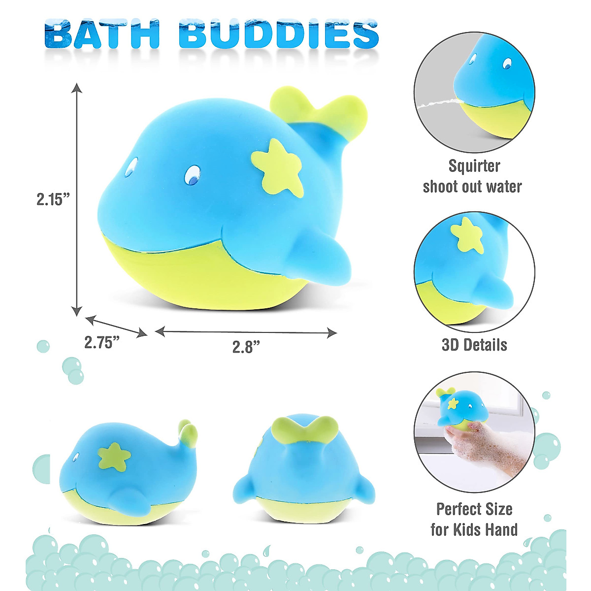 DolliBu Whale Bath Buddy Squirter - Floating Whale Rubber Bath Toy, Fun Water Squirting Bathtime Play for Toddlers, Cute & Soft Sea Life Animal Toy for The Bathtub, Beach, & Pool for Girls & Boys