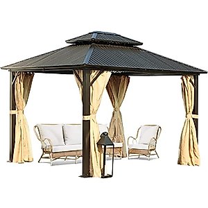 Aoodor 10' x 12' Gazebo Hardtop Roof, Aluminum Frame with Mosquito Netting and Curtain for Garden Patio, Black
