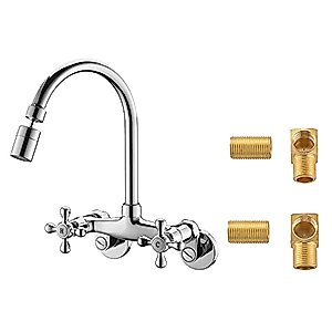 (Upgraded) Wall Mount Kitchen Sink Faucet, 6 Inch Center Sink Faucet, in Wall Faucet Kitchen Sink, Kitchen Wall Faucets, Wall Faucet Sink, Two Cross Handles Kitchen Faucet, Chrome, RULIA RB1026