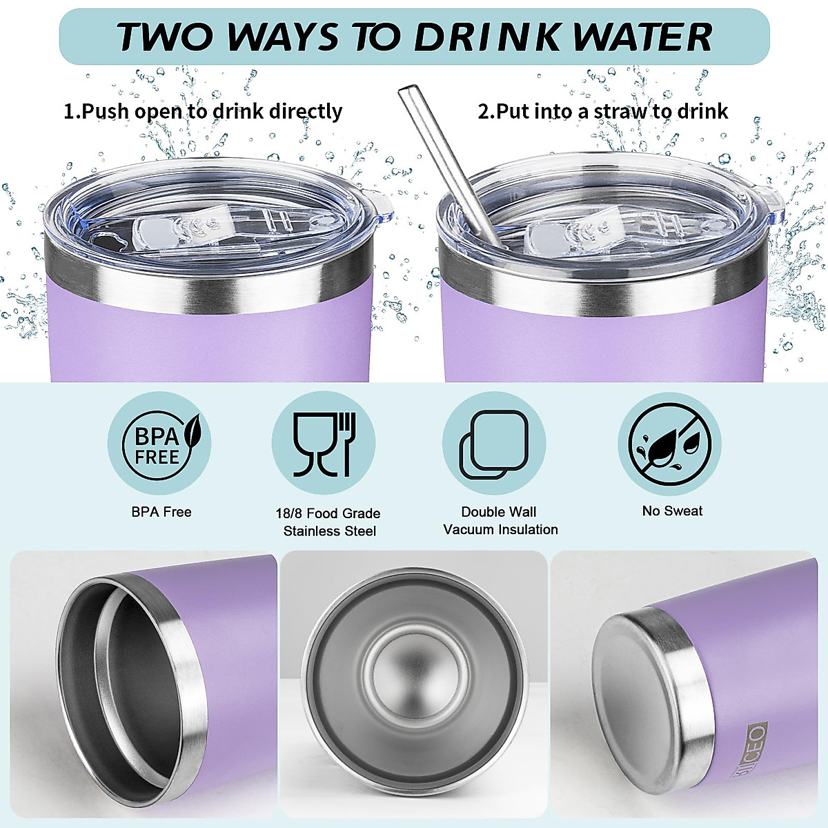 ATIKZHE 20oz Tumbler with Straw and Brush, Stainless Steel Vacuum Insulated tumbler, Double Wall Insulated Coffee Tumbler for Outdoor, Home, Travel,Office (lilac,1pcs)
