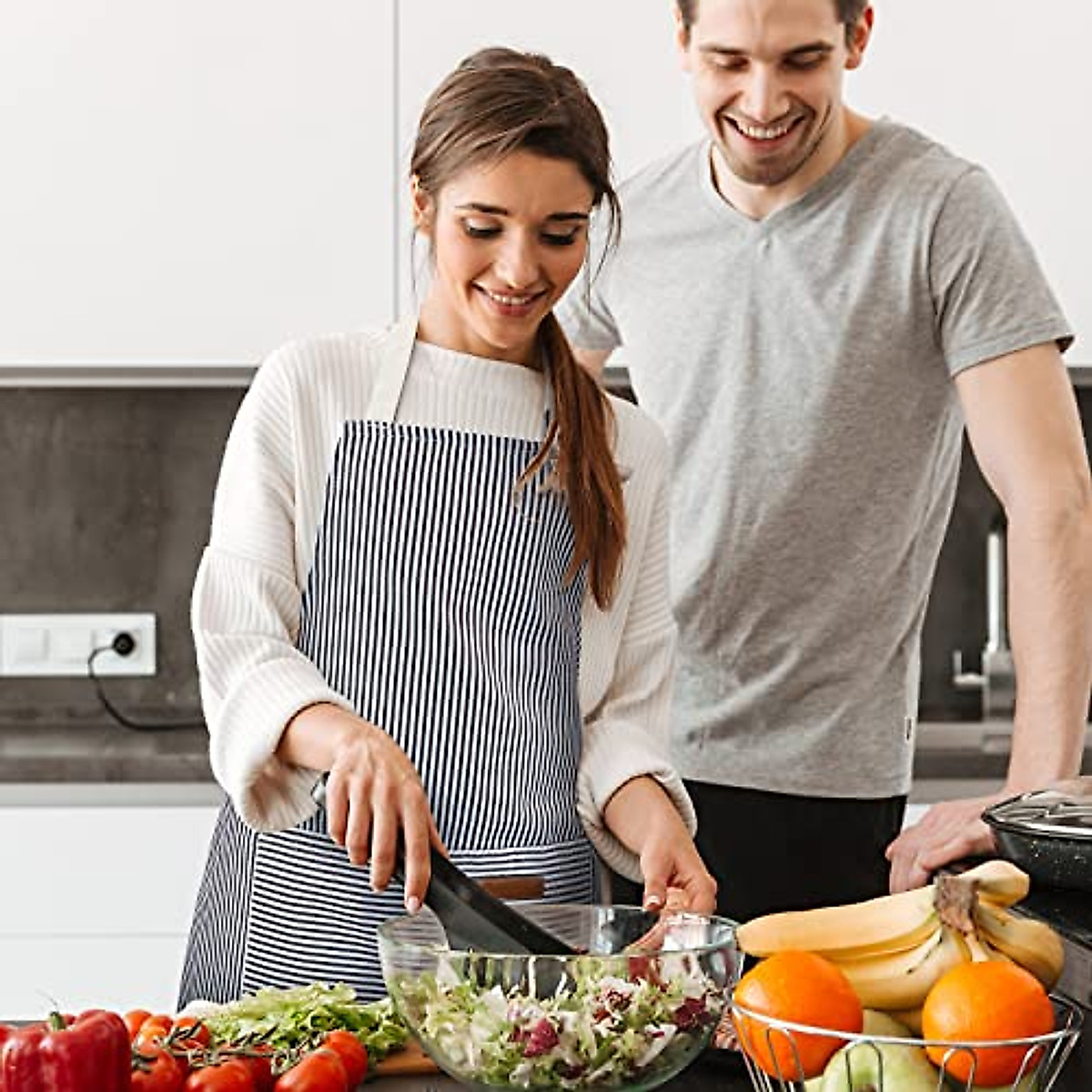 Handepo 4 Pieces Cooking Kitchen Aprons Unisex Soft Chef Kitchen Aprons with Pockets Cotton Polyester Blend Adjustable Bib Aprons for Women Men, Crafting Bbq, Black, Blue, Pink, Grey Stripes