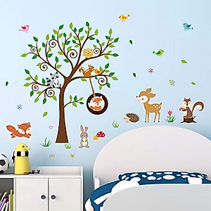 decalmile Forest Animals Tree Wall Decals Fox Squirrel Deer Wall Stickers Baby Nursery Kids Bedroom Playroom Wall Decor