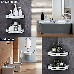 FHGH 2 Pack Bathroom Corner Shelves, Shower Shelf Corner Shelf No Drilling Shower Basket Caddy Shower Organiser Storage Corner Adhesive Aluminum Wall Mounted with Hooks,Black
