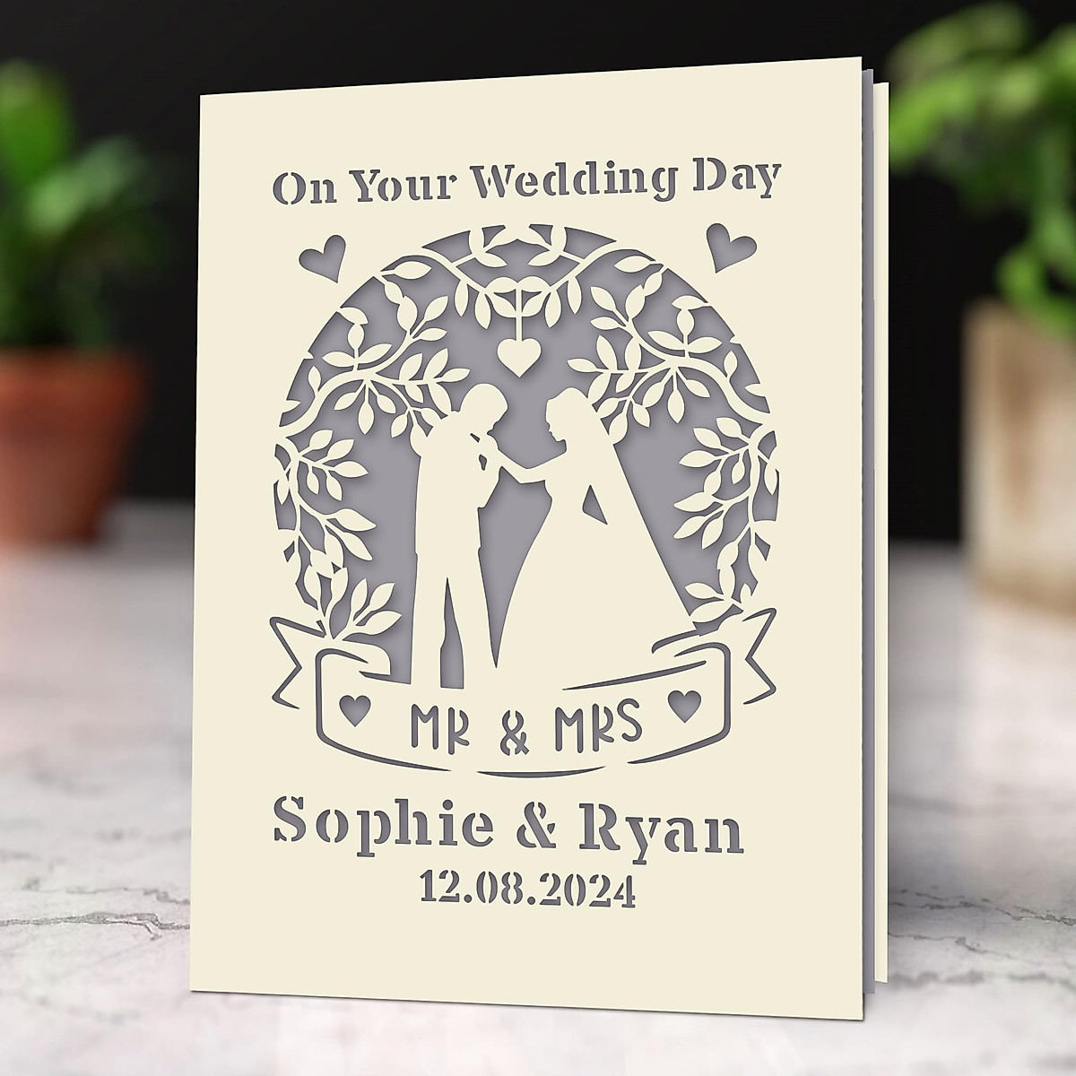 EDSG Personalized Wedding Card Gifts Mr and Mrs Gifts Greeting Cards with Any Name & Date Congratulations Wedding Day Laser Paper Cut Cards for Him Her Bride Groom Wife Husband New Couple(Gray)