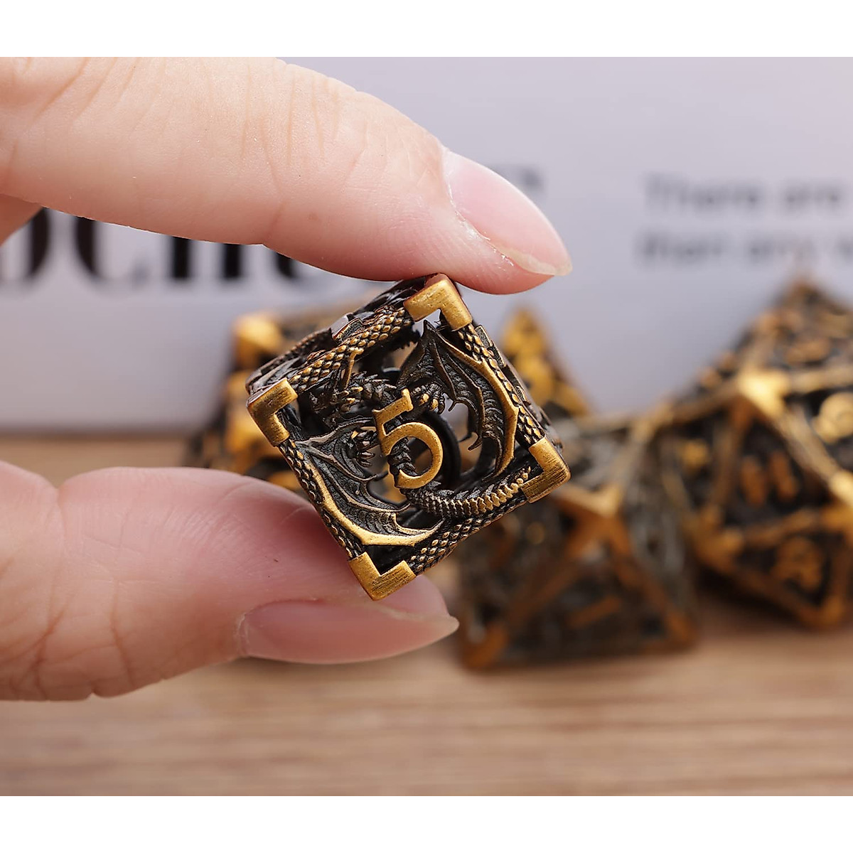 Dungeons and Dragons Dice ARUOHHA DND Metal Dice Set D and D Dice for Pathfinder MTG Board Games Role Playing Dice Hollow Polyhedral Dice D&D Dice with Gift Box D20 D12 D10 D8 D6 D4 (Ancient Bronze)