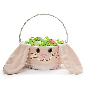 Personalized Easter Egg Basket with Handle and Custom Name in Brown Script | Floppy Ear Bunny Easter Basket Liners | White Basket | Woven Easter Baskets for Kids | Customized Easter Basket