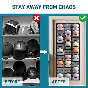 Fixwal Hat Organizer for Baseball Caps, 27 Pocket Over The Door Hat Storage Closet Holder Hanger, Clear Deep Pockets, Baseball Hat Rack for Wall Door with 3 Hooks, Grey