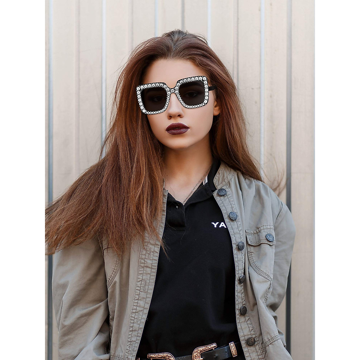 Frienda Oversize Square Glitter Sunglasses Sparkly Sunglasses Retro Thick Frame Sunglasses