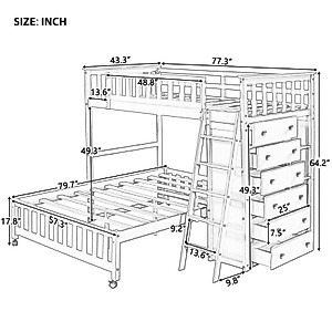 VilroCaz Wooden Twin Over Full Bunk Bed with 6 Drawers and Adjustable Shelves, L-Shape Full Platform Bed with Wheel, Modern Bunk Bed Frame with Ladders and Full Guardrails (White)