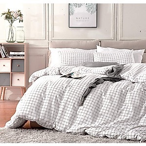 Fire Kirin Queen Duvet Cover Set with Zipper Closure 3Pcs (1 Duvet Cover + 2 Pillowcases) Modern Mini Black and White Grid Checkered Pattern Bedding Cover Set