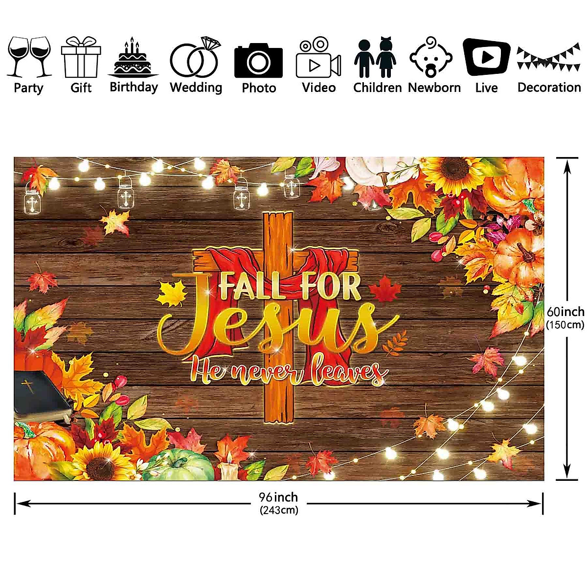 Swepuck 96x60inch Fall for Jesus Backdrop He Never Leaves Photography Background Autumn Thanksgiving Party Decoration Maple Leaves Pumpkin Friendsgiving Photo Banner