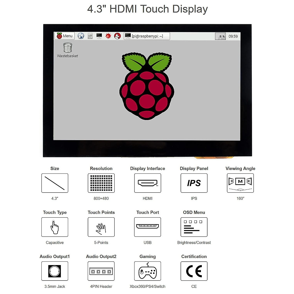 4.3inch HDMI LCD (B), IPS Screen HDMI Interface 4.3 inch 800x480 Capacitive Touch Screen Supports Multi Mini-PC Systems Raspberry Pi BB Black Banana Pi Raspbian Ubuntu Windows 10 8 7 @XYGStudy