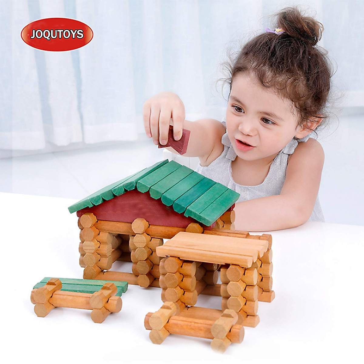 Joqutoys 90 Pcs Wood Building Blocks Toy for Toddlers, Classic Wooden Cabin Log Set Preschool Education Toy, Creative Construction Engineering Educational Toys for 3 4 5 6 Years Boys
