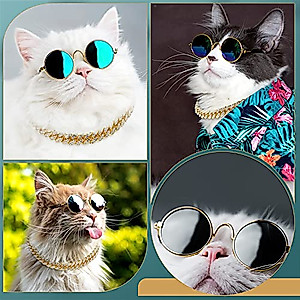 2 Pieces Gold Cat Dog Chain Collar and Sunglasses Set Rhinestone Cuban Collar Chain with Design Secure Buckle Retro Round Glasses for Dogs Cats Party Cosplay Costumes Funny Photo Props (16 Inch)