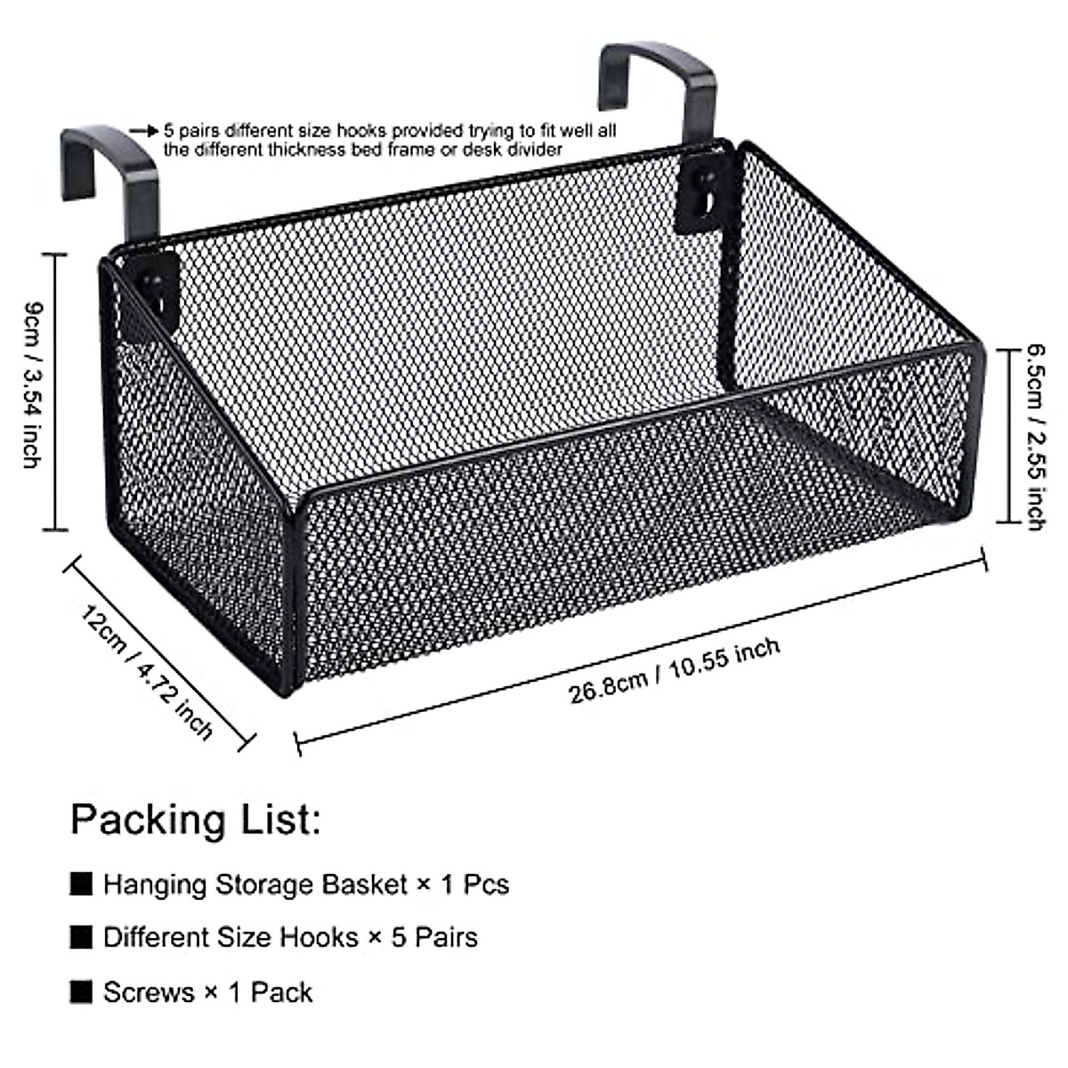 Bedside Shelf for Bed & Bunk Bed Storage Basket Office Cubical Wall Hanging Organizer - 5 Different Size Hooks - College Dorm Home Office Essentials for Phone,Book,Drink,Tissue (Black)