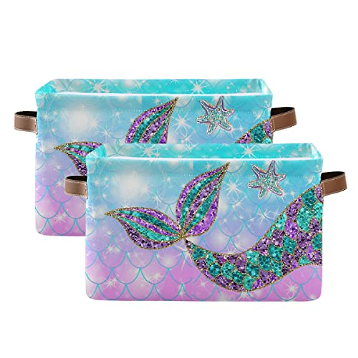 Rectangular Storage Basket Storage Bin - Mermaid Fish Scale Collapsible Storage Box with Leather Handles Shelf Basket Organizer for Home,Office,Nursery,Dorm,Shelf