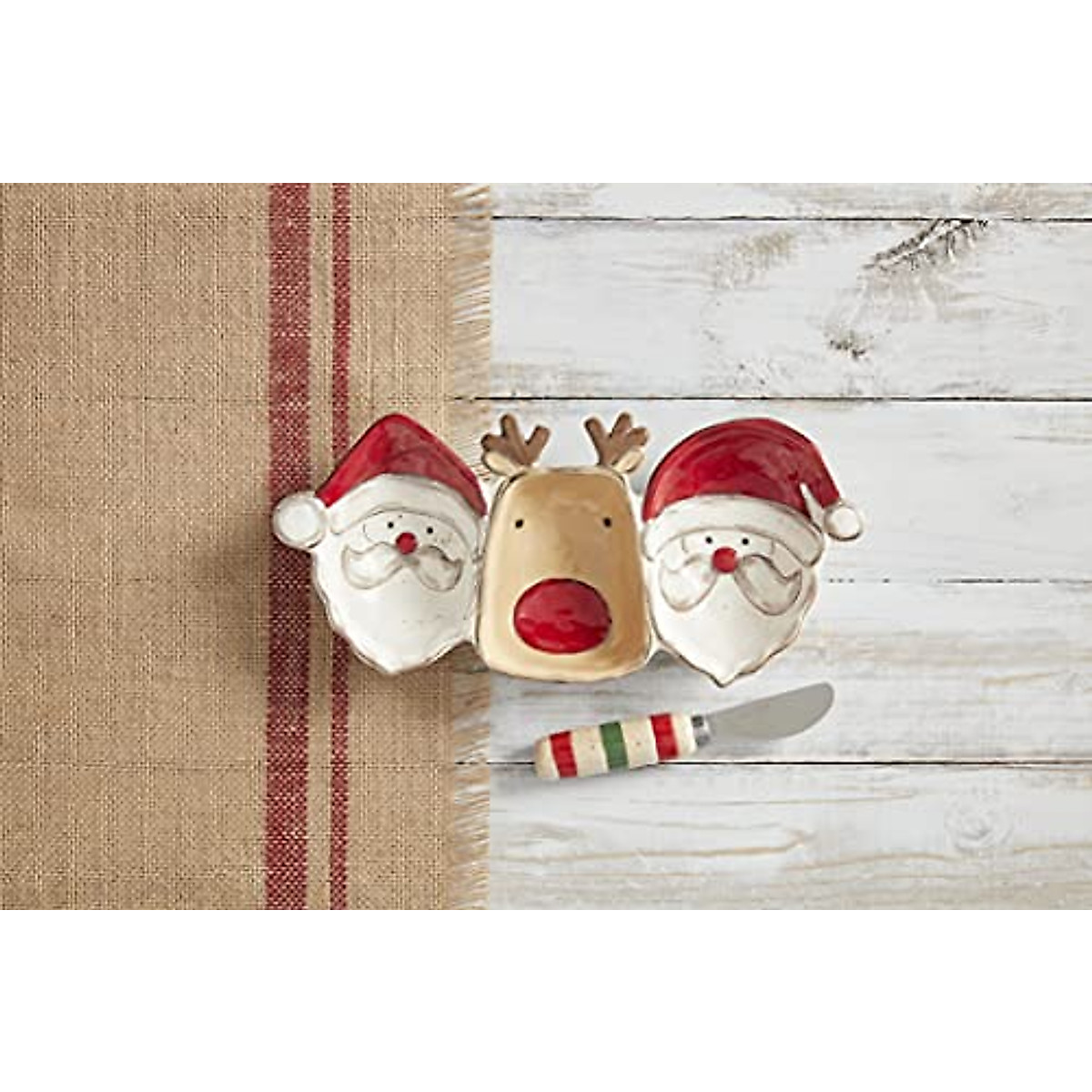 Mud Pie, Multi, Christmas Santa and Reindeer Triple Dip Serving Set, dish 5" x 11" | spreader 5 1/2"