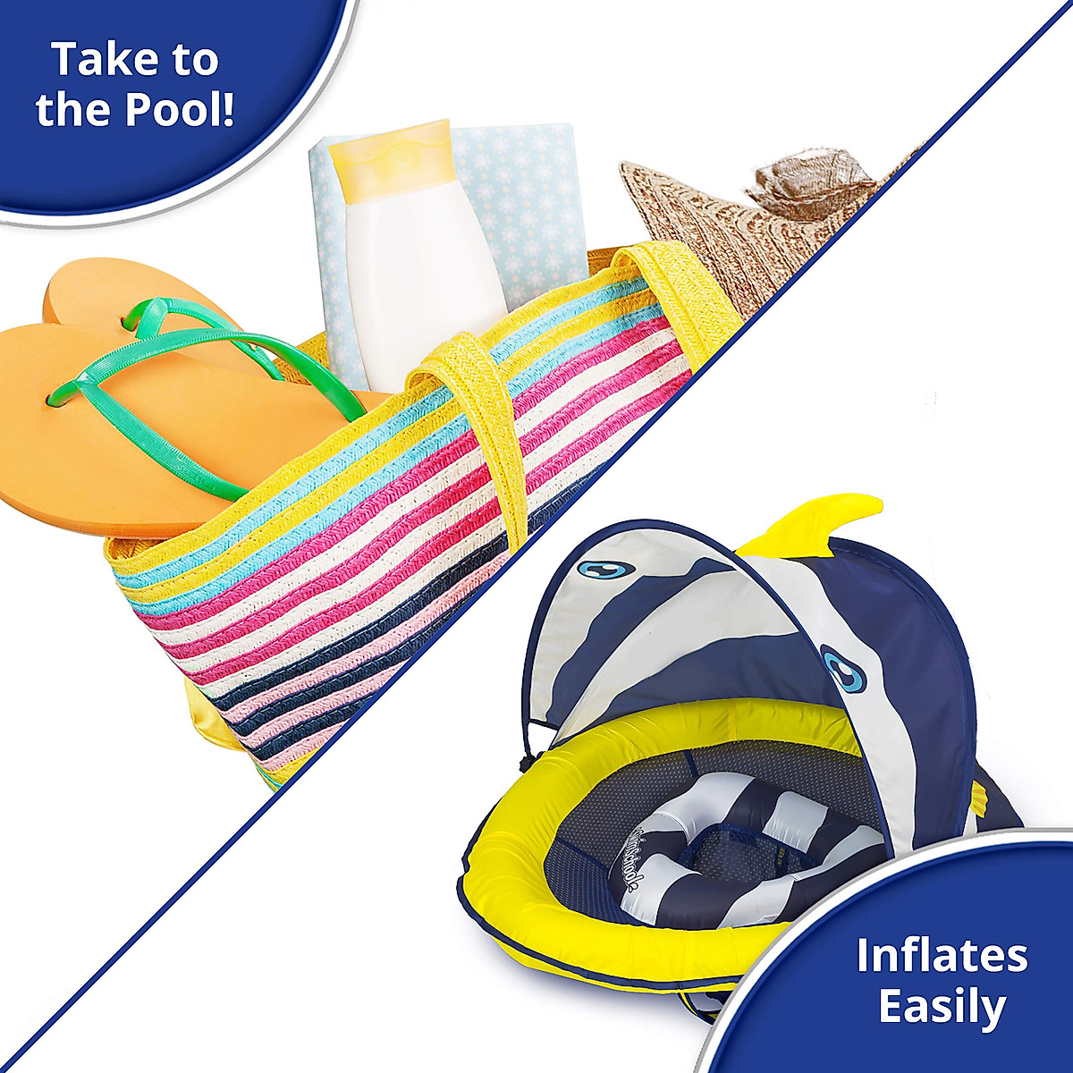 SwimSchool Deluxe Baby Float with Adjustable Canopy - 6-24 Months - Baby Swim Float with Splash & Play Activity Center Safety Seat - Navy/White