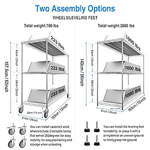3 Tier NSF Wire Shelf Shelving Unit, 24 x 72 x 62 Inch 3000lbs Capacity Heavy Duty Adjustable Storage Rack with 5in Wheels and Shelf Liners and Extensible Designs Large Utility Storage Rack - Chrome
