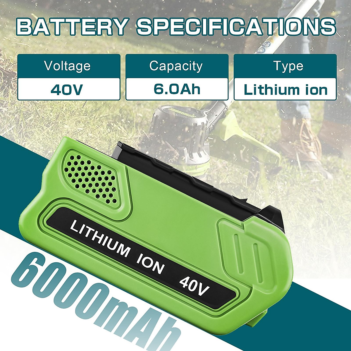 6.0Ah 40 Volt Lithium Battery Replacement for GreenWorks 40V Battery Compatible with GreenWorks Battery Compatible with GreenWorks G-MAX 40V 29472 29462 2901319 24282 24252 21332 25322 20672 (Green)
