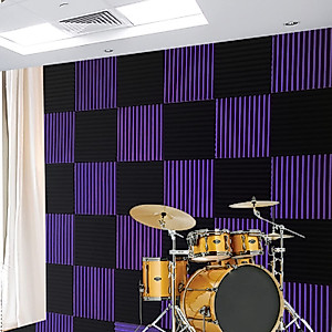 52 Pack 12 "X 12 "X1" Black/Purple Acoustic Panels Studio Soundproofing Foam Wedge Tiles,