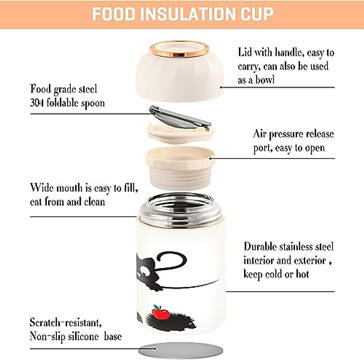 CUPADA Black Cat Hedgehogs Food Jar, Funny Kitten Cute Insulated Hot Food Jars Vacuum 17OZ with Folding Spoon for Work Trip Picnic Camping