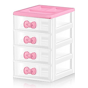 Lovely Pink Receiving Storage Cabinets Kawaii Makeup Organizer with 4 Layers Cute Storage Cabinet Box with Bow Handle Plastic Desktop Storage Box for Home Bedroom Bathroom Women Girl Gifts, Clear
