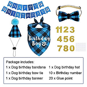 JOTFA Dog Birthday Party Supplies, Plaid Dog Birthday Boy Bandanas with Dog Birthday Party Number Hat Bow Tie Bannner for Small Medium Large Dogs Pets (Light Blue)