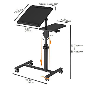 NC Furist Bedside Table Rolling Laptop Tray and Projector Cart, Height Adjustable Presentation Cart with Wheels | Overbed Table with Tilting Tabletop (QQ-15 Black))