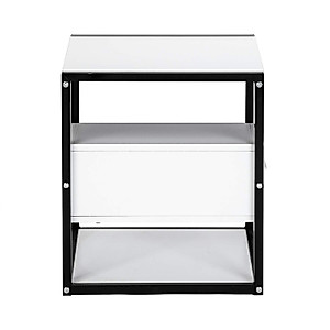 Nightstand Set of 1 with Drawer Modern Square End Side Table for Storage, Open Shelf in Bedroom, Living Room, Small Space, Stable Metal Frame, White