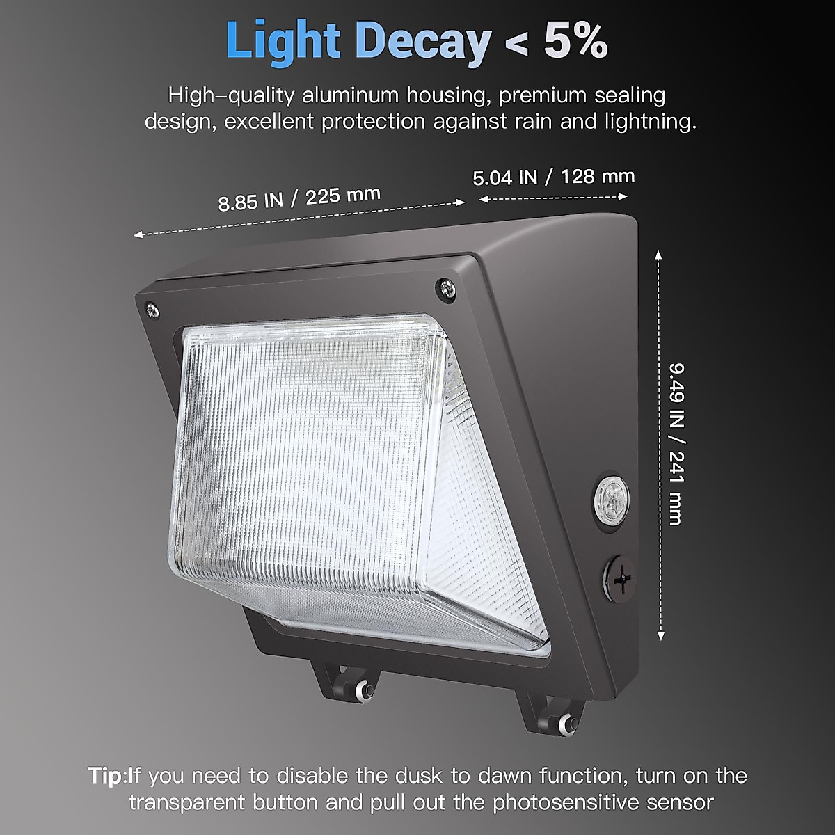 JTT LED Wall Pack Lights Outdoor with Dusk to Dawn Photocell, Selectable 75W/60W/45W, 8250LM/6600LM/4950LM, 6000K/5000K/4000K,Waterproof Flood Security Wall Pack Lighting for Garage Yard Parking Lo