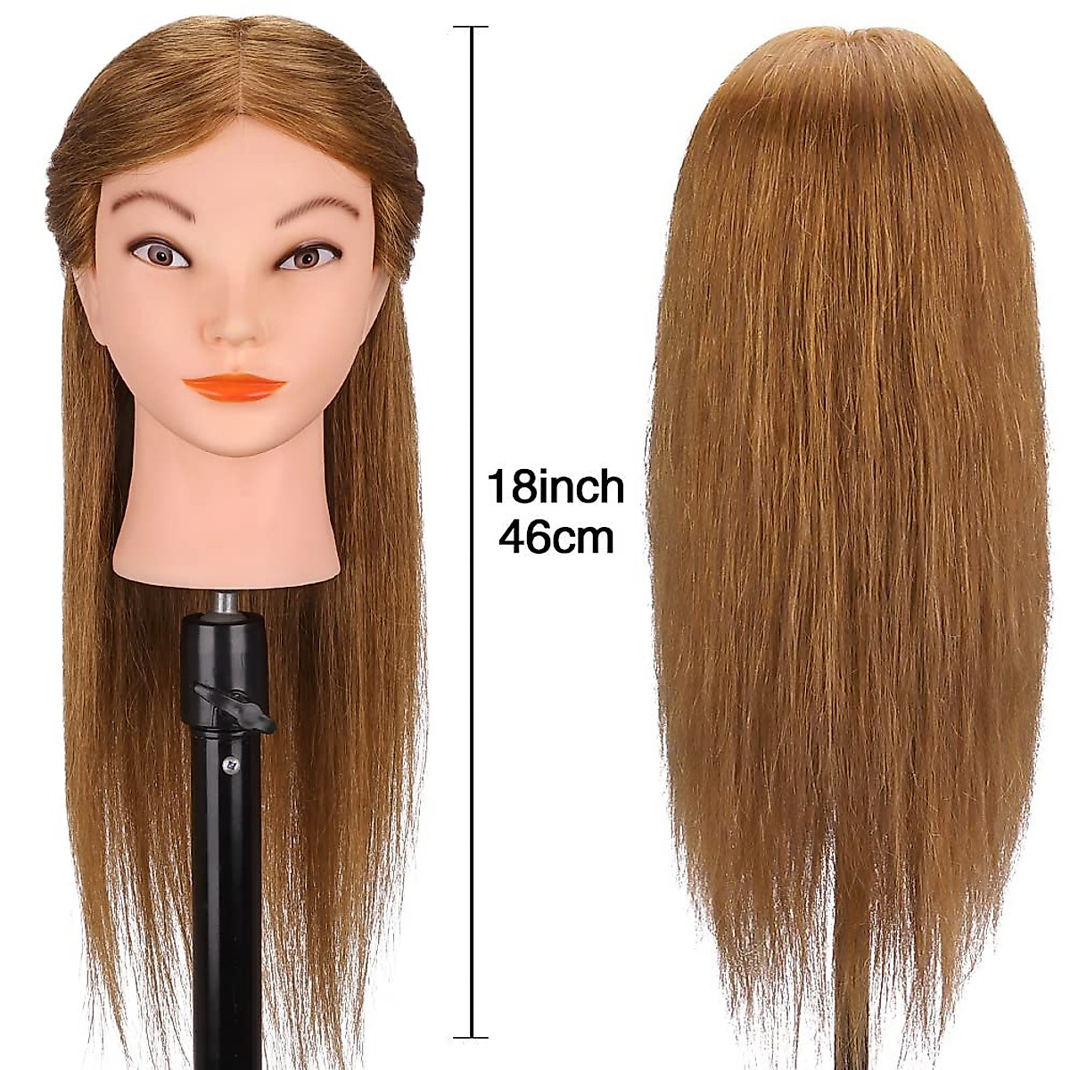 Mannequin Head with 100% Real Hair, TopDirect 18" Brown Real Hair Cosmetology Manikin Head Hair Styling Hairdressing Practice Training Doll Heads with Clamp Holder and Tools