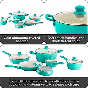 IMUSA USA 10pc Forged Nonstick white Interior Ceramic Teal Cookware Set