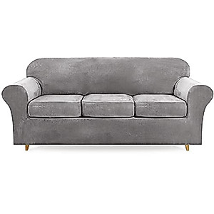 Lamberia High Stretch Sofa Cover for 3 Cushion Couch 4 Pieces Thick &Washable Plush Velvet Sofa Slipcover Couch Cover Furniture Protector for Dogs,Pets&Kids(Sofa-L,Silvergray)