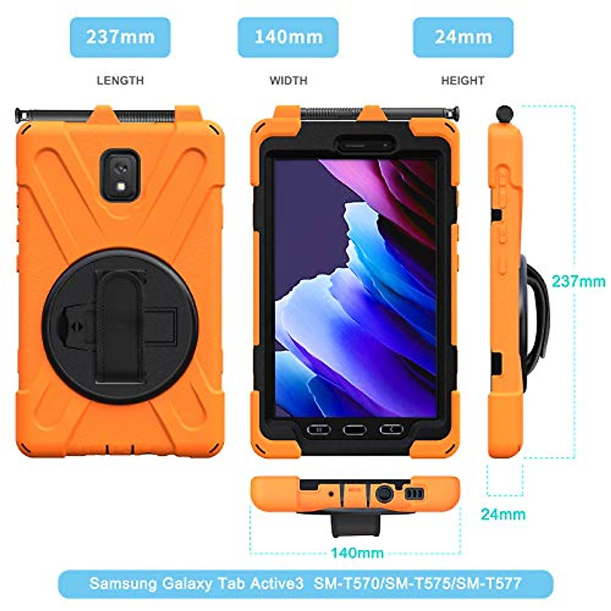Case for Samsung Galaxy Tab Active 3 8" T570 T575 T577, Heavy Duty Shockproof Rugged 3 Layer Kids Durable Case with 360 Swivel Kickstand, Shoulder Strap & Hand Strap