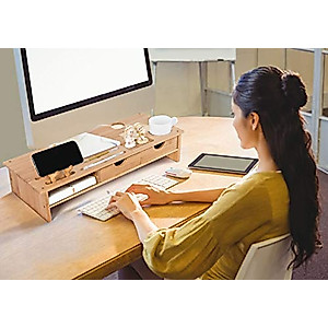 Monitor Stand Riser Desk Organizer-Bamboo 2 Tier Laptop Stand with Drawers, Adjustable Desktop Storage Organizer for Computer, Printer, Cellphone-Use in Office,Home/Reduce Neck &Eye Strain(Fawn)