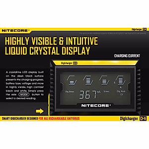 EdisonBright Nitecore D4 Digital Smart Battery Charger for Li-ion Ni-MH Ni-CD with 12V DC Car Adapter, NBM40 18650 Battery Magazine Battery Carry Case