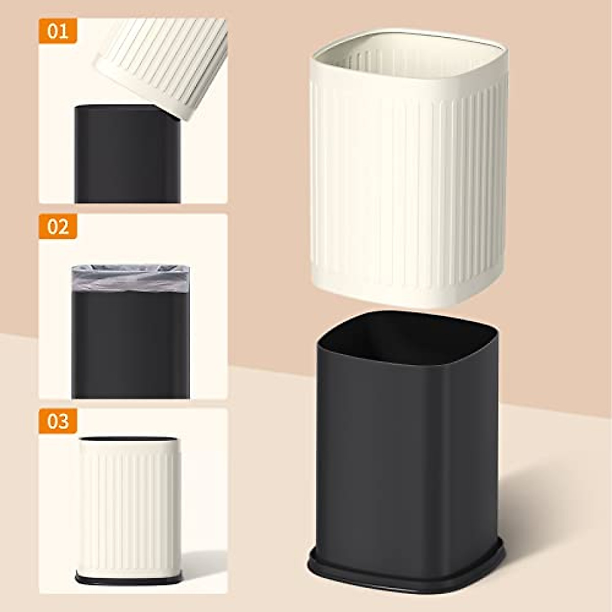 Mbillion Small Trash Can Open Top Metal Waste Bin 2.1Gal/8L,Stainless Steel Garbage Can with Inner Bin Hide Trash Bags, Double Layer Trash Can, Non-Slip Bottom Trash Bin, Without Lid