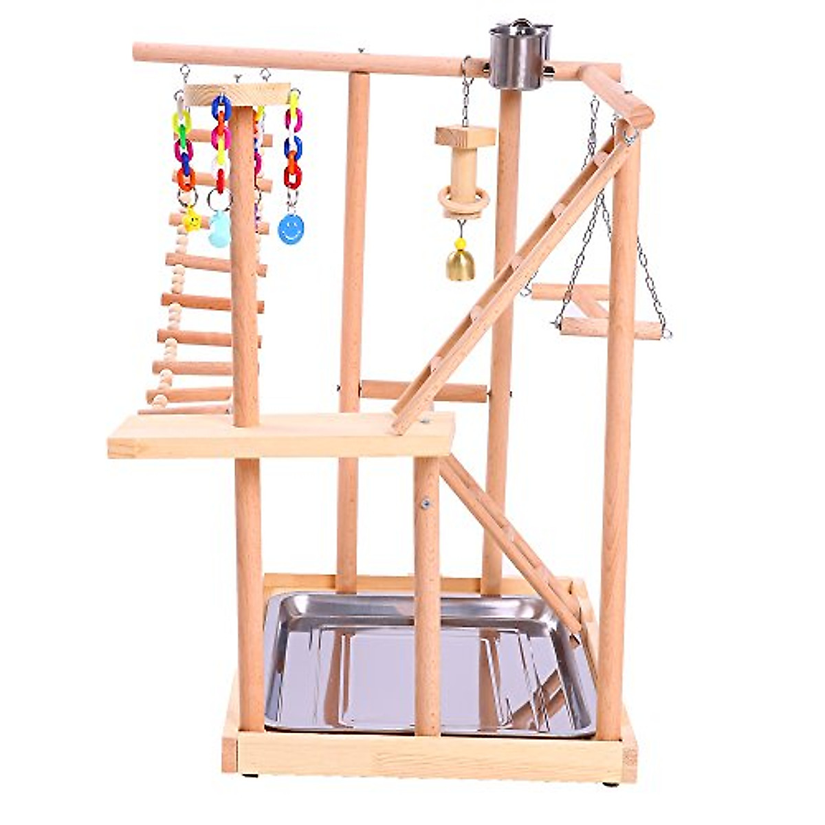 QBLEEV Wood Parrot Playground Perches with Swing,Birds Chewing Climbing Ladder Toys, Bird Training Play Stands Feer Cups for Parakeets Conures Cockatiel Lovebirds (18.7" L *12.8" W *20.87" H)