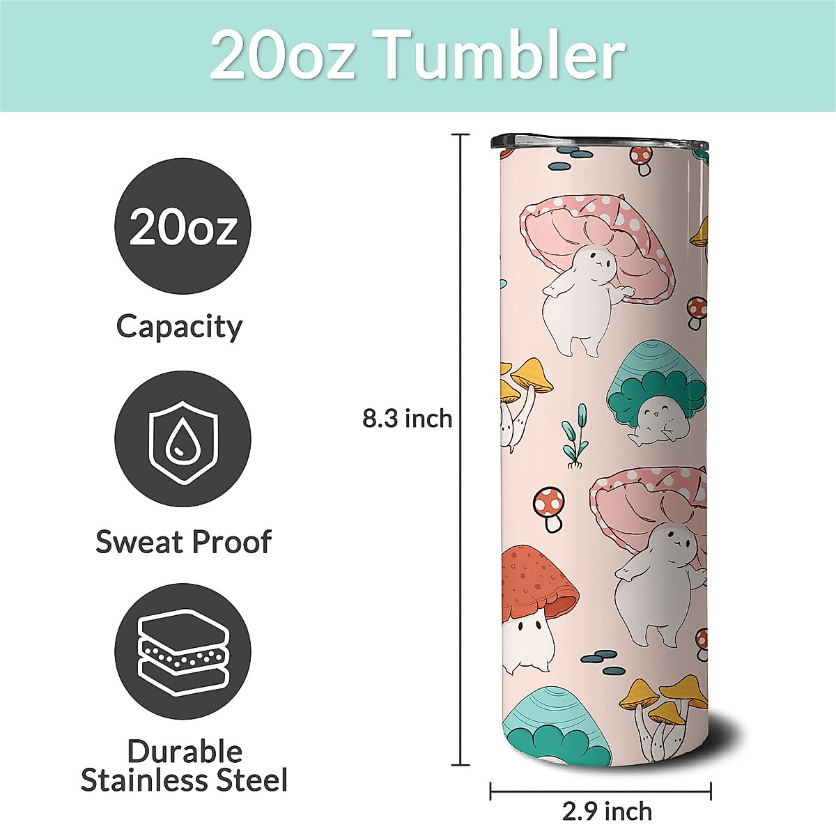 20 oz Mushroom Skinny Tumblers with Lid and Straw, Mushroom Stainless Steel Vacuum Insulated Travel Coffee Mug Cup Water Bottle, Mushroom Decor Stuff Accessories, Gifts for Women Girls Mushroom Lover