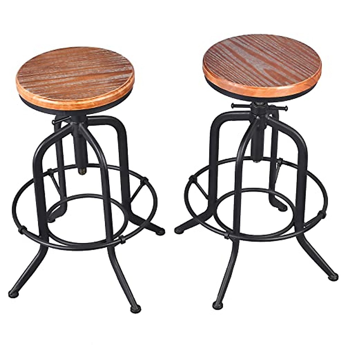 Lisuden Industrial Farmhouse Bar Stools Set of 2, Black Metal Base, Wood Seat, Adjustable Height 24.8-30"