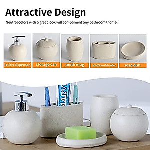 Artchirly 5 Piece Bath Accessory Set for Vanity Countertops,White Sandstone Color,Made of Cement Luxury Ensemble Dish,Lotion Dispenser,Soap Dish,Tooth Mug,Toothbrush Holder and Storage Can (5)